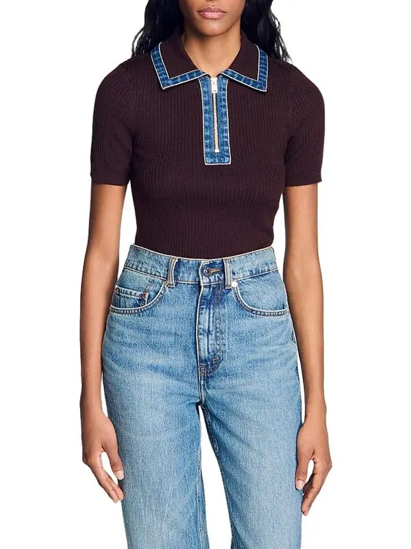Sandro Richmond Ribbed Knit Polo Sweater With Zip Detail - Brown