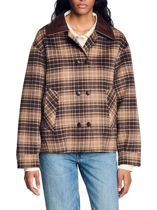 Sandro Mystic Plaid Wool Blend Jacket With Leather Collar - Brown