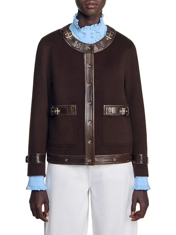 Sandro Greenwich Wool Blend Jacket With Leather Trim - Brown
