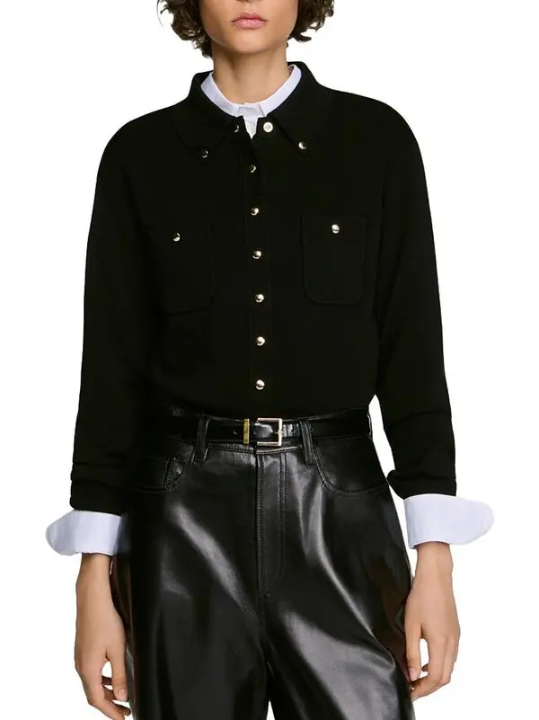 Sandro Wool Blend Shirt Collar Cardigan - Black