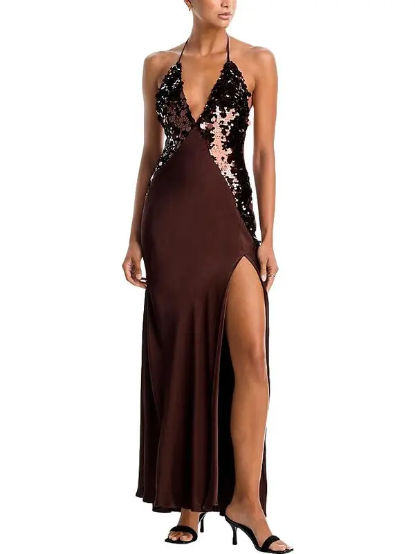 Bardot Yve Sequin Halter Dress - Chocolate