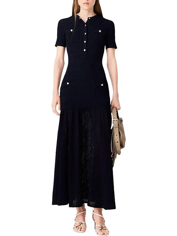 Maje Flora Mixed Knit Maxi Dress - Navy