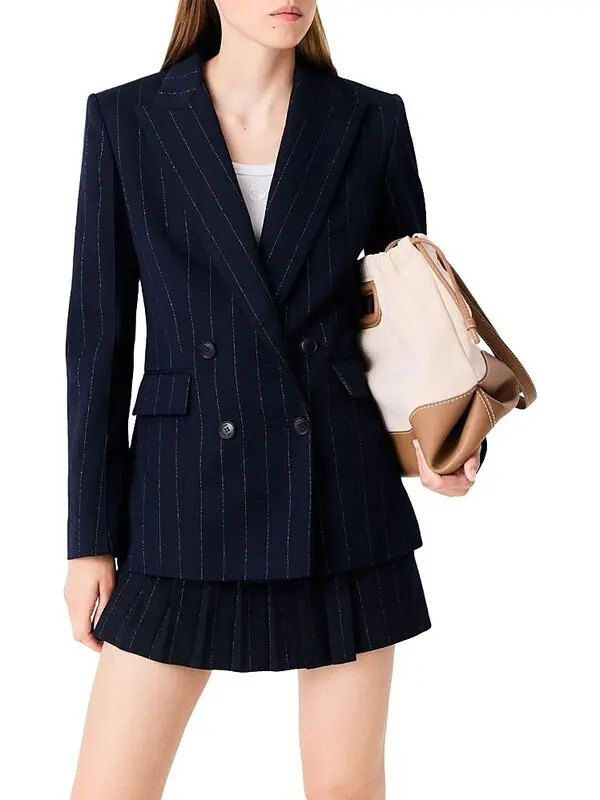 Maje Pinstriped Double Breasted Suit Blazer - Navy