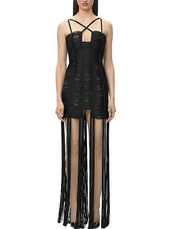 Herve Leger The Paige Strappy Fringe Trim Gown - Black