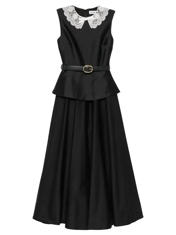SELF-PORTRAIT Sleeveless Lace Collar Belted Maxi Dress - Black
