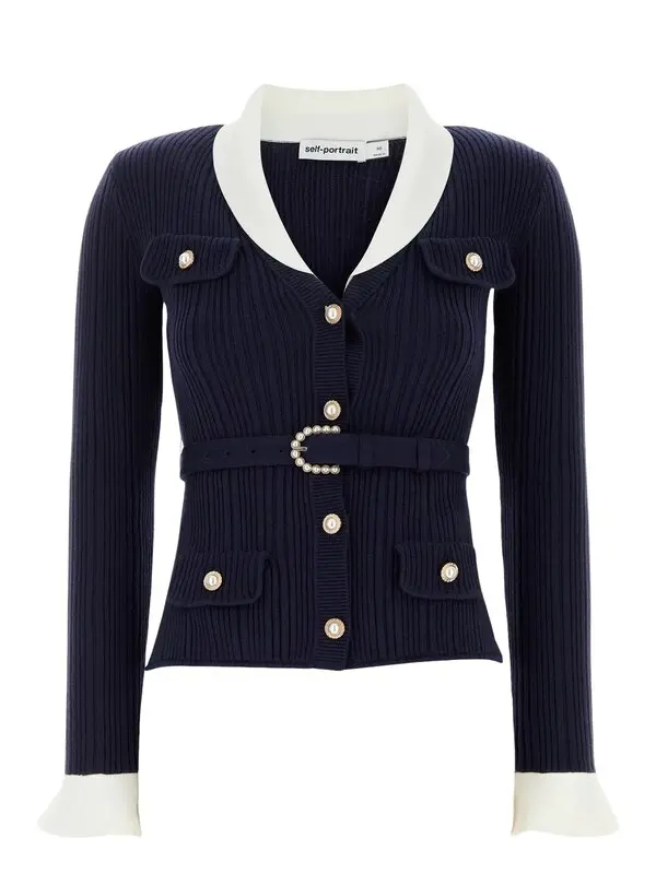 SELF-PORTRAIT Belted Ribbed Knit Cardigan With Pearl Button Detail - Navy