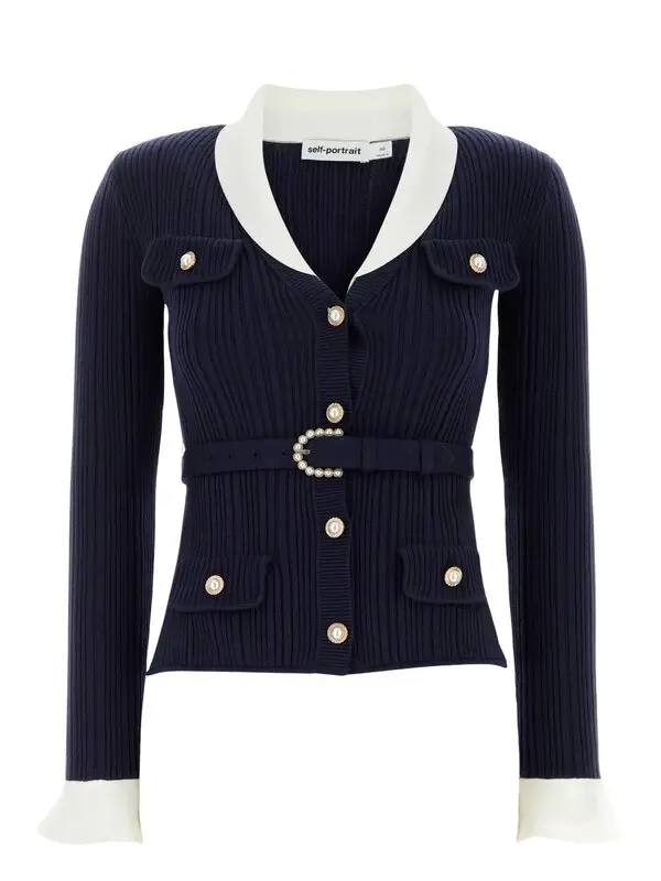 SELF-PORTRAIT Belted Ribbed Knit Cardigan With Pearl Button Detail - Navy