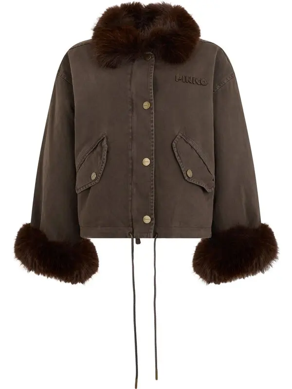 Pinko Pink Synthetic Fur Collar Mini Jacket With Button Closure And Drawstring - Brown