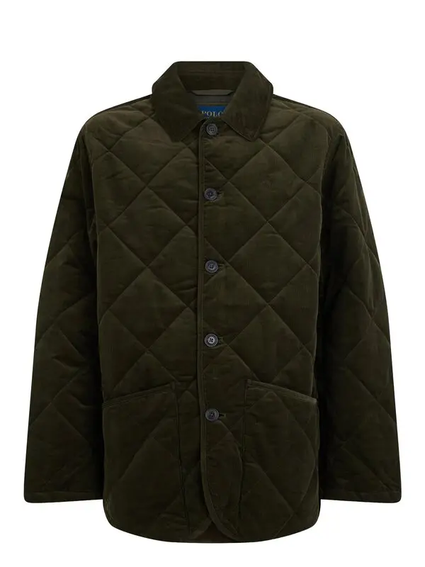 Polo Ralph Lauren Velvet Padded Jacket With Button-front And Shirt Collar - Green