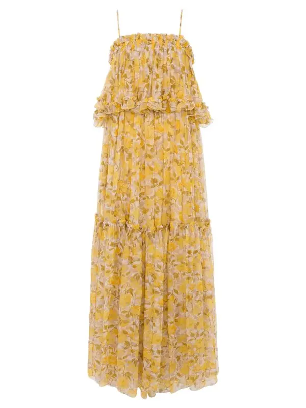 Chloé Spaghetti Strap Ruffled Floral Silk Mini Dress - Giallo