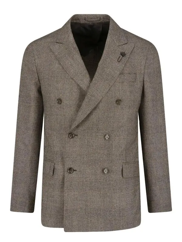LARDINI Plaid Double-breasted Wool Blazer - Brown