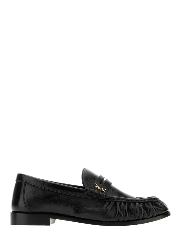 Saint Laurent Black Leather Gathered Moc Toe Loafers - Nero