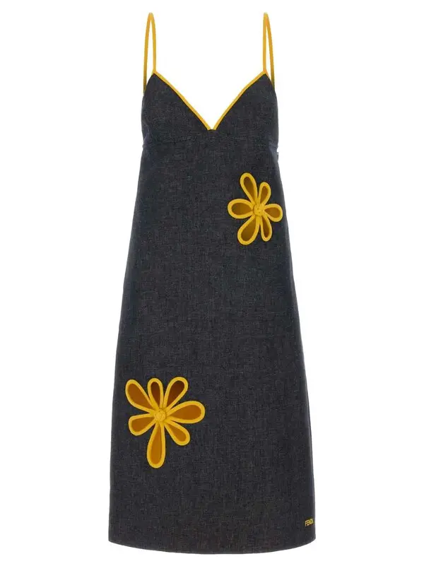 Fendi Textured Denim Dress With Floral Appliqu - Blue