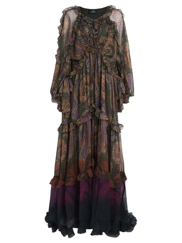 Etro Silk Paisley Ruffle Maxi Dress - Green