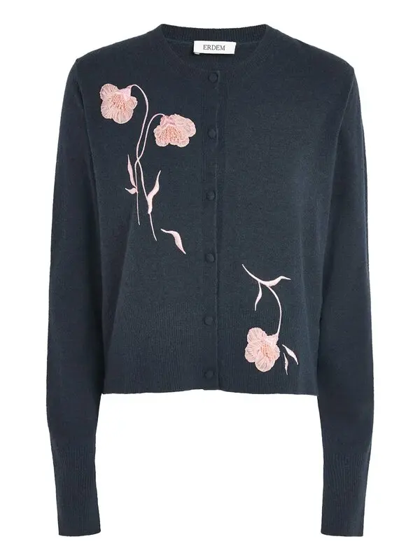 Erdem Embroidered Fitted Crewneck Cardigan - Green