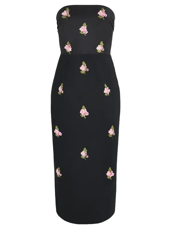 Carolina Herrera Strapless Embroidered Floral Sheath Midi Dress - Black
