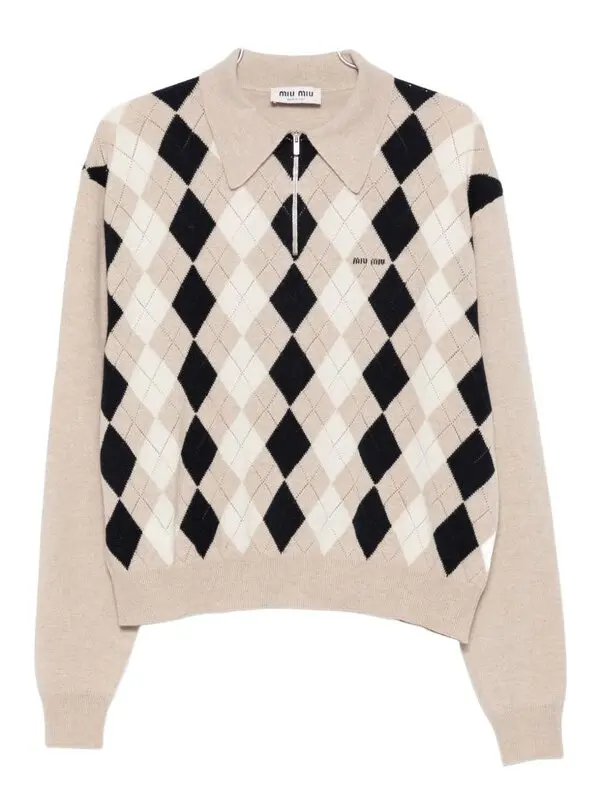 Miu Miu Argyle Intarsia Embroidered Logo Cashmere Polo Shirt - Multicolor