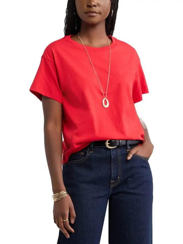 Treasure & Bond Essential Cotton T-shirt With Dropped Shoulders - Red Salsa