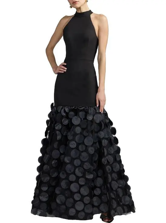 Mac Duggal Halter Neck Rosette Ball Gown - Black