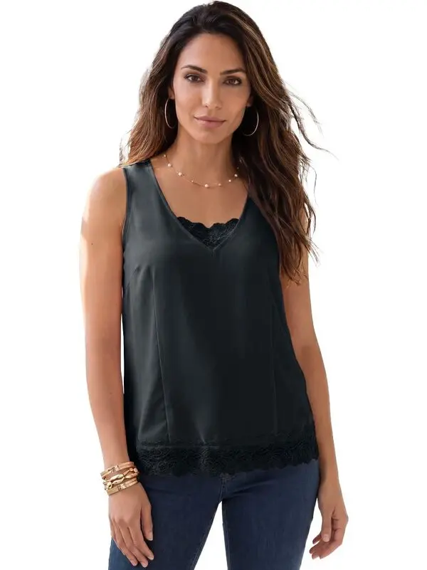 Roaman's Lace Trim Satin Tank - Black