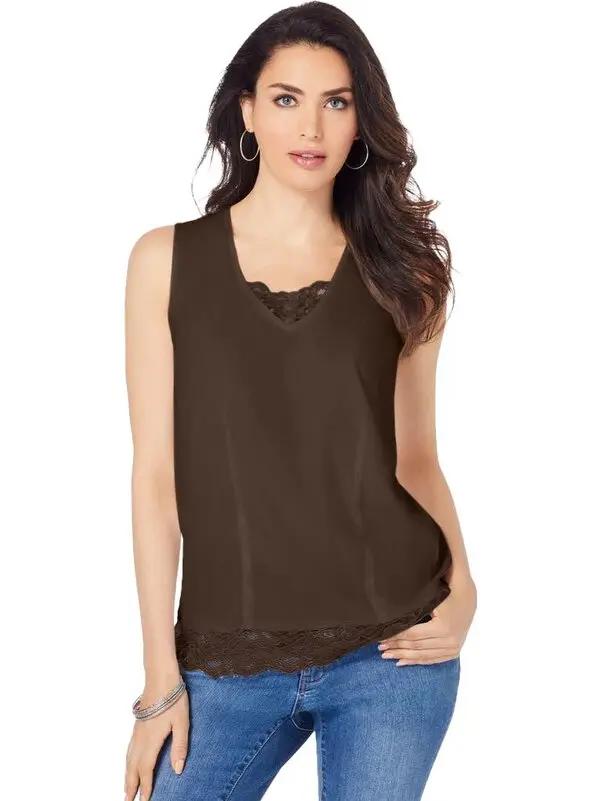 Roaman's Lace Trim Satin Tank - Chocolate