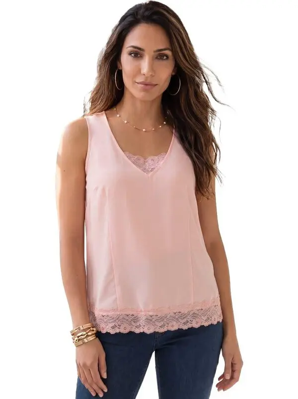 Roaman's Lace Trim Satin Tank - Soft Blush