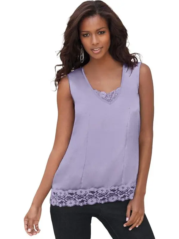 Roaman's Lace Trim Satin Tank - Soft Grape
