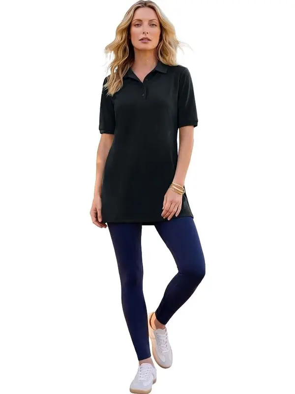 Roaman's Oversized Polo Tunic With Short Sleeves - Black
