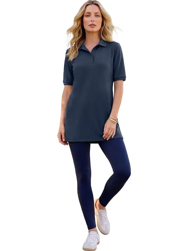 Roaman's Oversized Polo Tunic With Short Sleeves - Navy