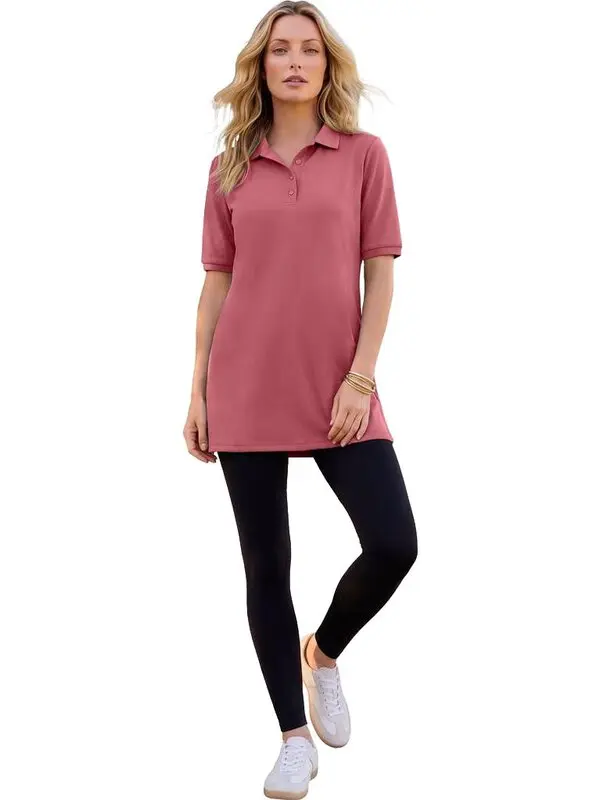 Roaman's Oversized Polo Tunic With Short Sleeves - Shadow Rose
