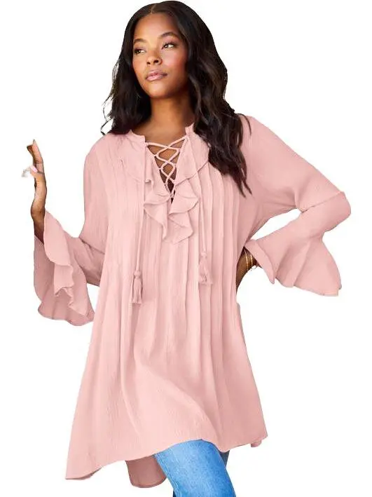 Roaman's Hand Crinkled Ruffle Pintuck Tunic Blouse - Soft Blush