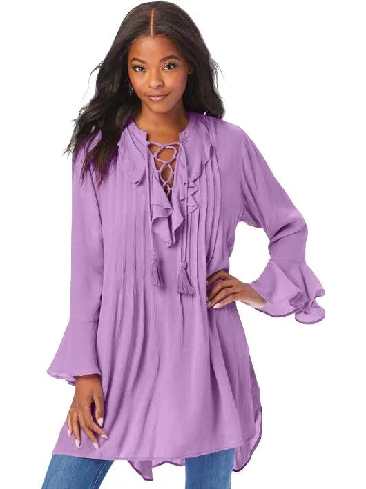 Roaman's Hand Crinkled Ruffle Pintuck Tunic Blouse - Violet