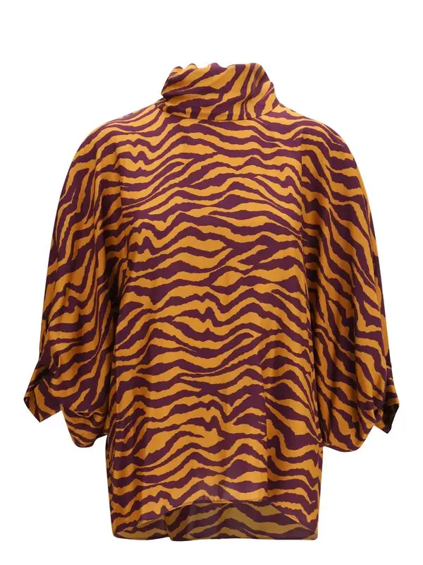 KRISTINA TI High Collar Viscose Silk Blouse With Balloon Sleeves - Orange