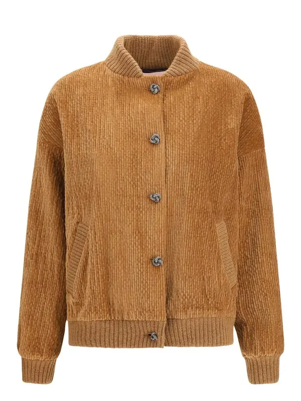 KRISTINA TI Corduroy Cropped Jacket With Embellished Buttons - Brown