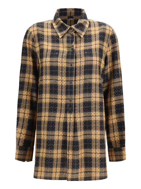 Pinko Barbellino Check Pattern Shirt With All-over Micro Rhinestones - Beige