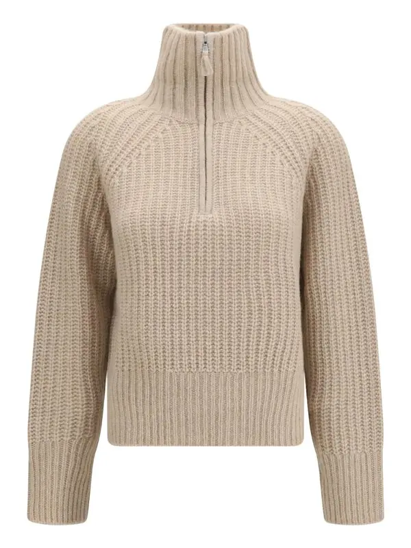 ALLUDE Ribbed Zip Troyer Sweater - Beige