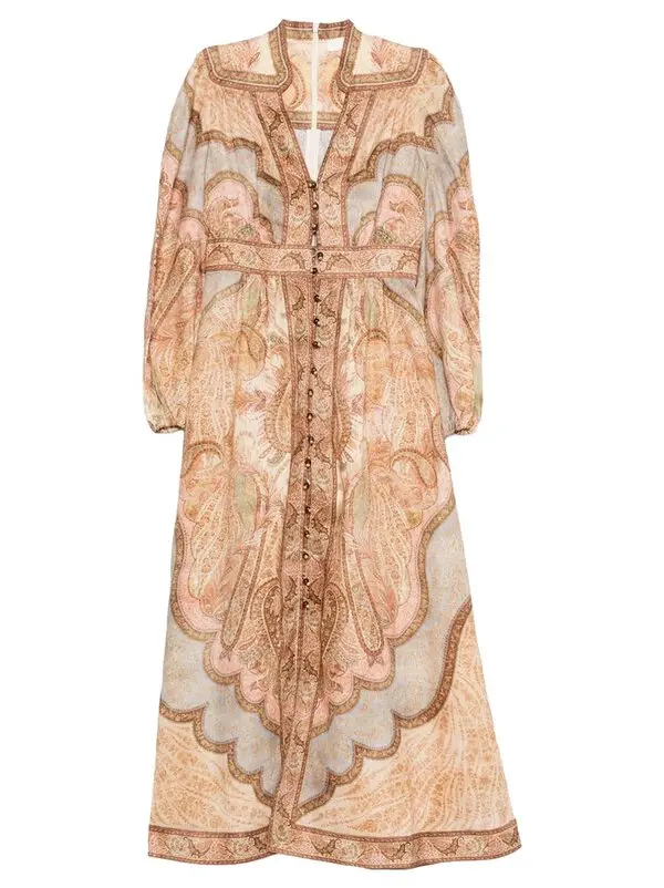 Zimmermann Linen Plunge Midi Dress - Multicolor