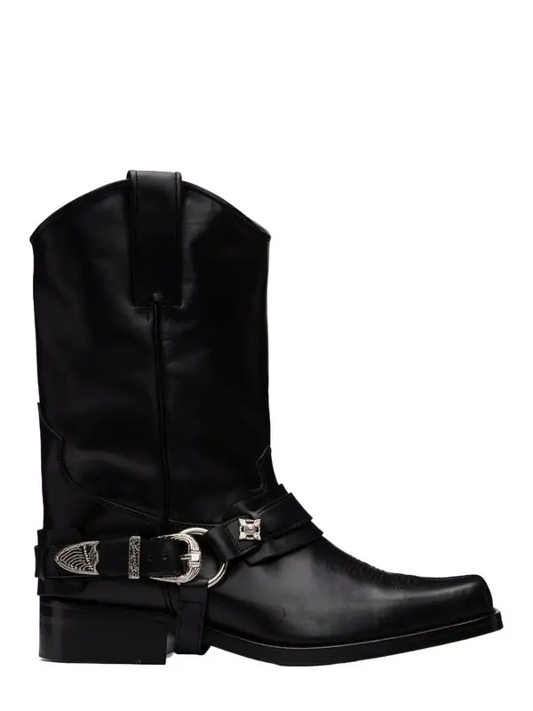 TOGA VIRILIS Embroidered Leather Boots With Buckle Detailing - Black