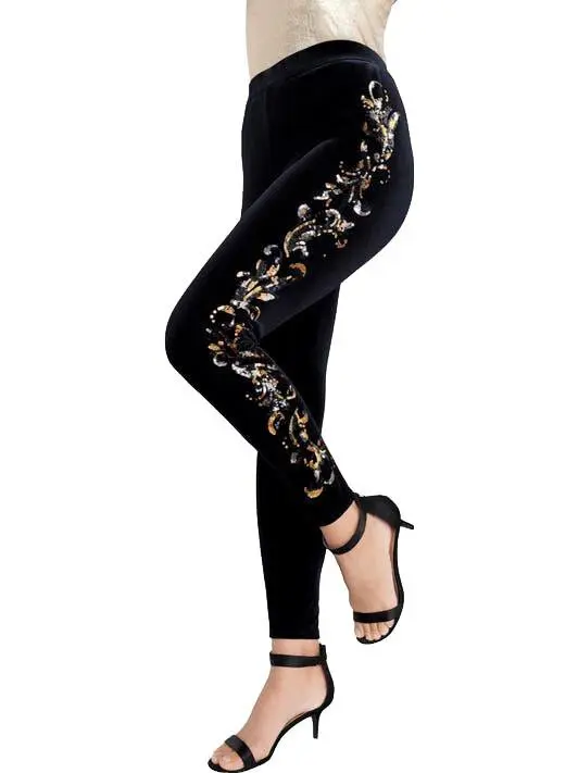 Roaman's Velour Leggings With Embellished Detail - Metallic Sequin