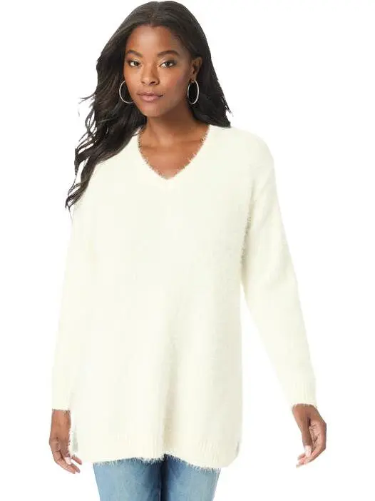 Roaman's Eyelash Yarn V-neck Sweater With Dropped Shoulders - Ivory