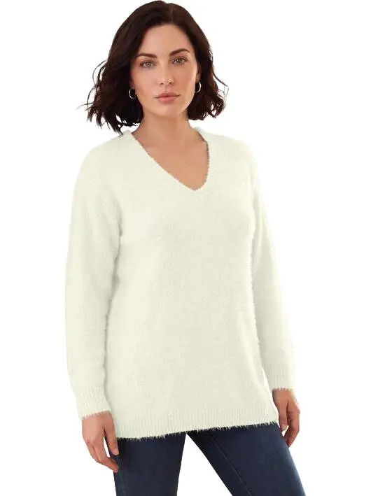 Roaman's Eyelash Yarn V-neck Sweater With Dropped Shoulders - Ivory
