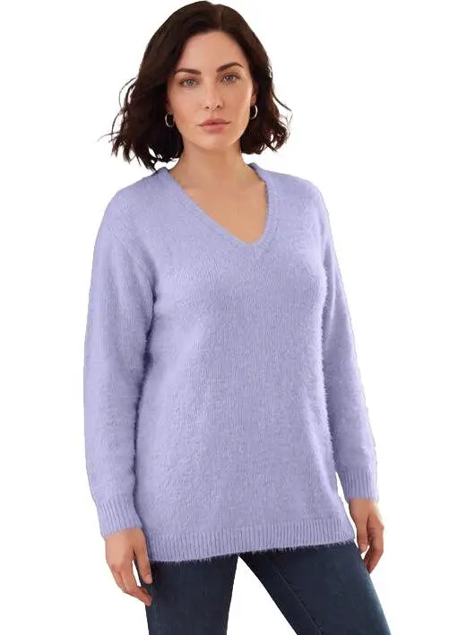 Roaman's Eyelash Yarn V-neck Sweater With Dropped Shoulders - Lavender