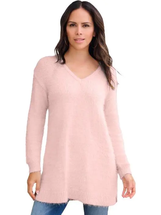 Roaman's Eyelash Yarn V-neck Sweater With Dropped Shoulders - Soft Blush