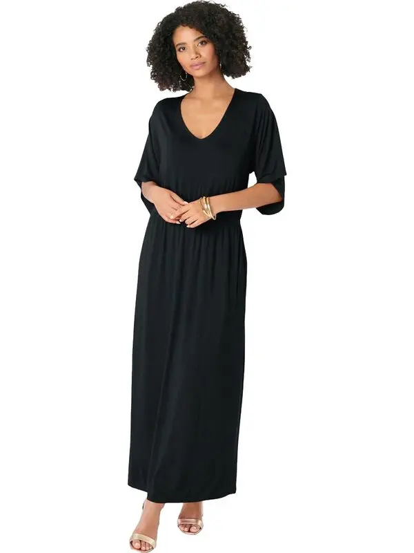 Roaman's Stretch Knit Dolman Sleeve Maxi Dress - Black