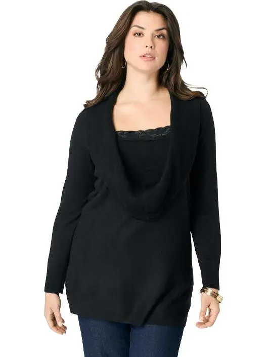 Roaman's Lightweight Cowl Neck Sweater With Lace Trim - Black