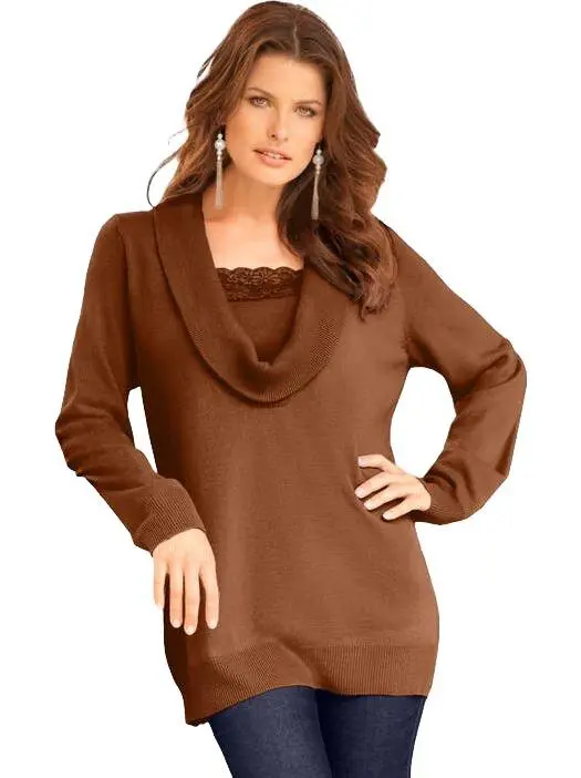 Roaman's Lightweight Cowl Neck Sweater With Lace Trim - Cognac