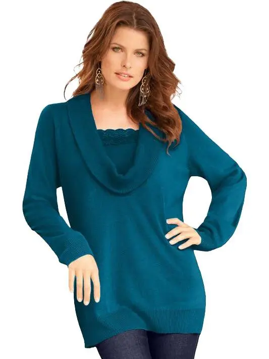Roaman's Lightweight Cowl Neck Sweater With Lace Trim - Deep Teal