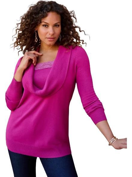 Roaman's Lightweight Cowl Neck Sweater With Lace Trim - Raspberry