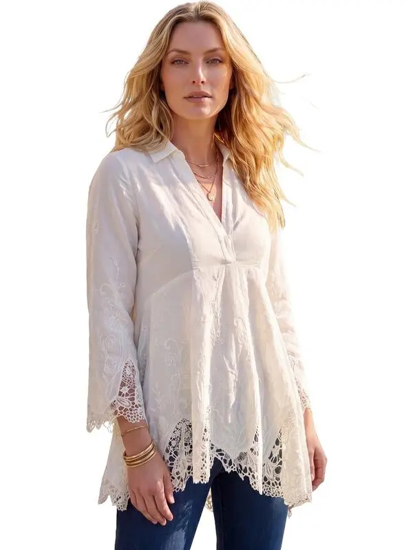 Roaman's Poplin Embroidered Tunic - White