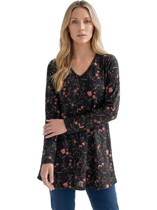 Roaman's Knit Thermal V-neck Swing Tunic With Long Sleeves - Black Wildflowers